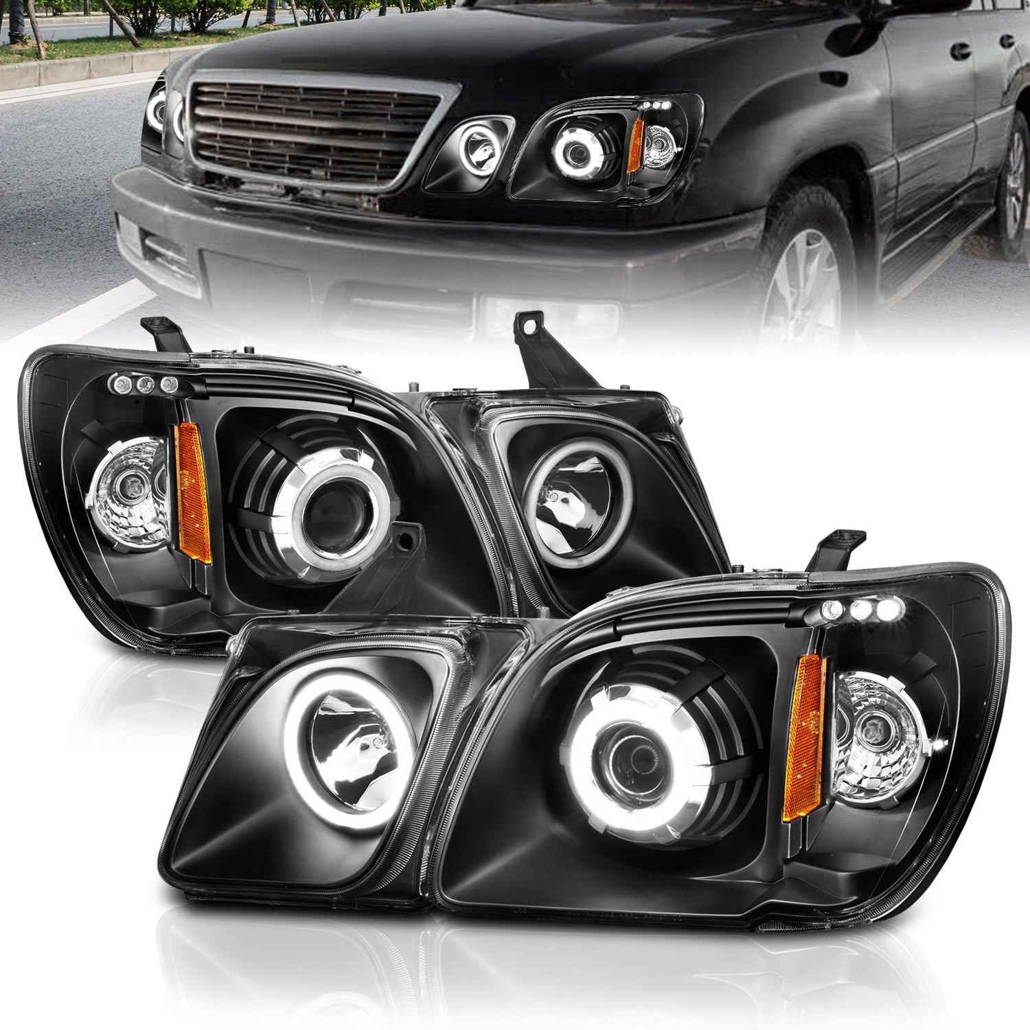 LEXUS LX470 98-07 PROJECTOR HEADLIGHTS HALO BLACK CLEAR AMBER (RX HALO