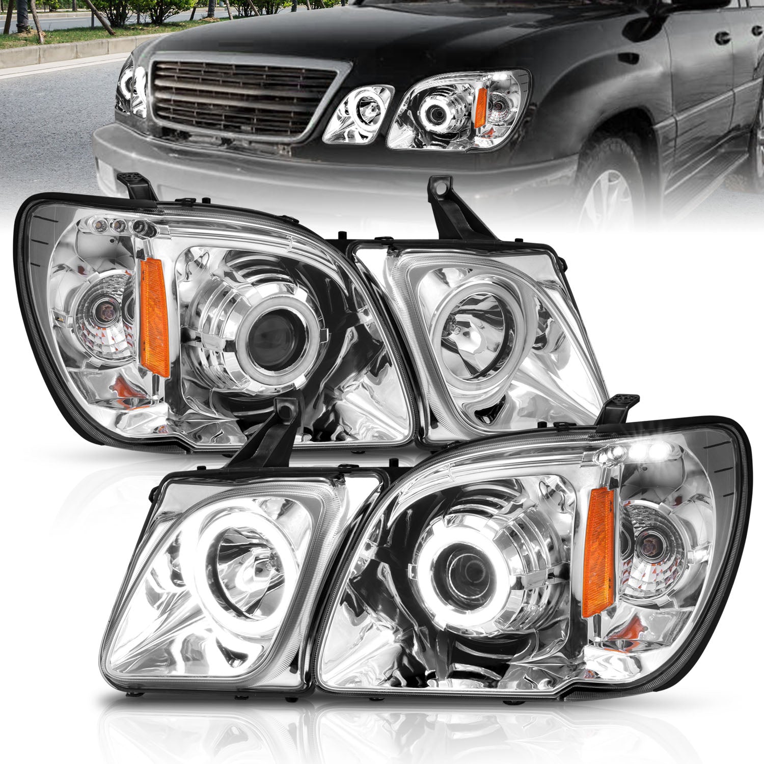 LEXUS LX470 98-07 PROJECTOR HEADLIGHTS HALO CHROME CLEAR AMBER (RX HAL